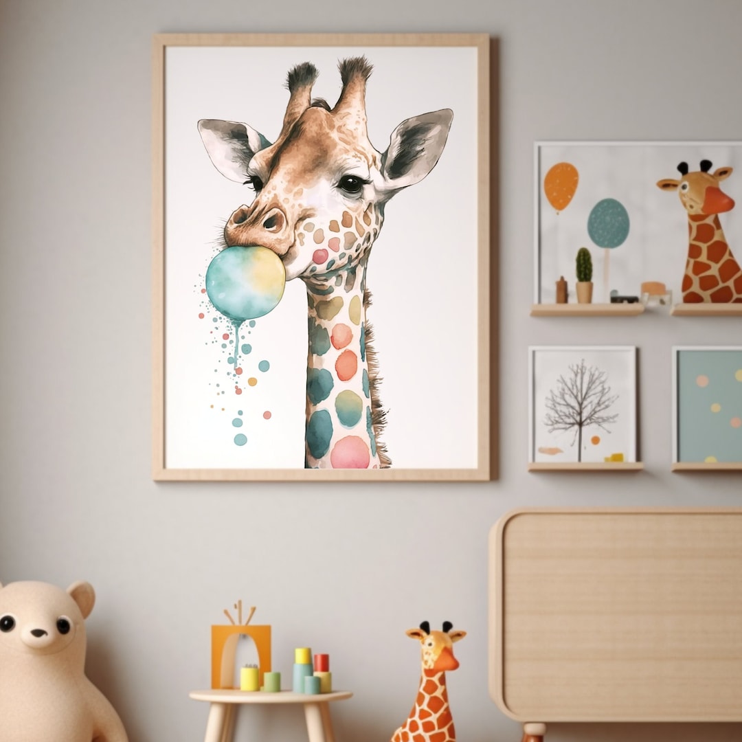 Boho Nursery Baby Giraffe With Balloon Nursery Wall Art, Neutral Colors ...
