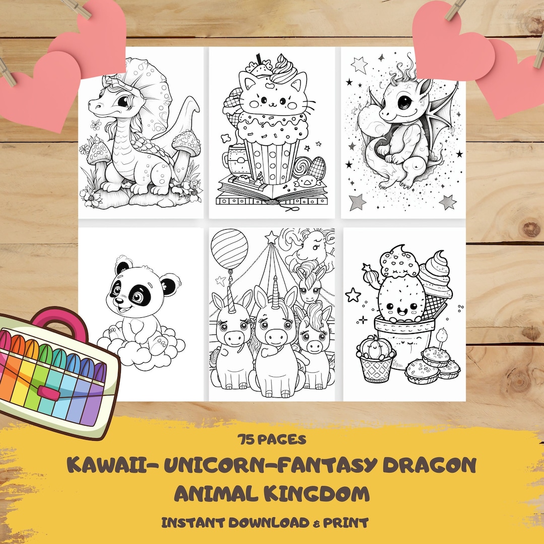 Cute Kawaii, Unicorn, Dragon, Safari Animals Coloring Pages | 75 Pages ...