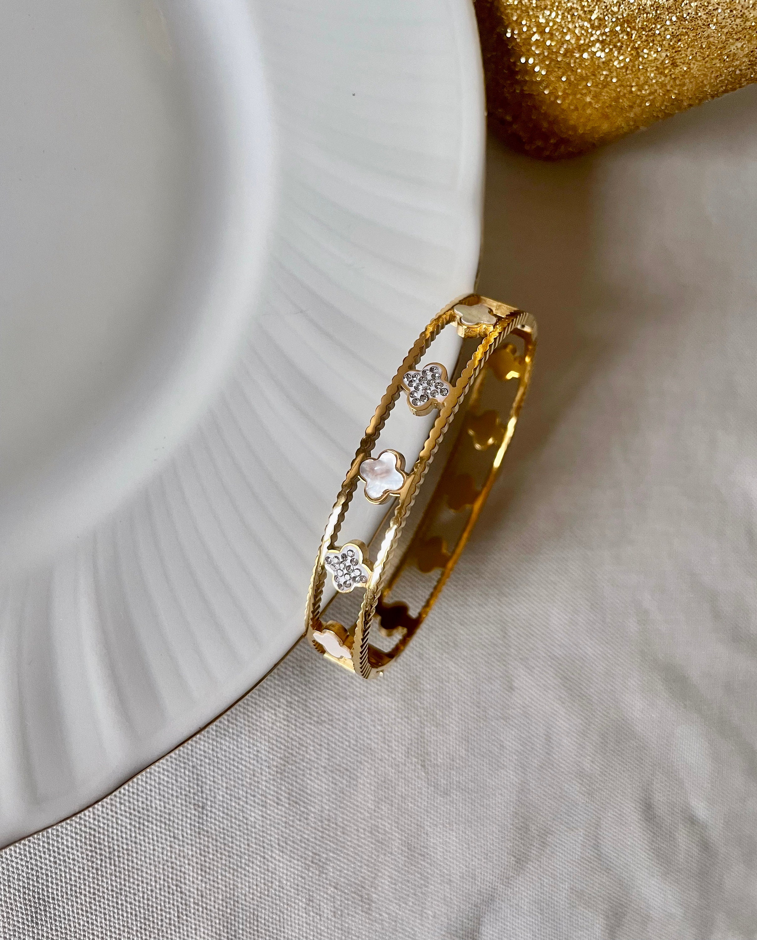 Gold Clover Bangle/ Clover Bracelet/bangle for Women/christmas Gift/white Clover Bangle/four ...