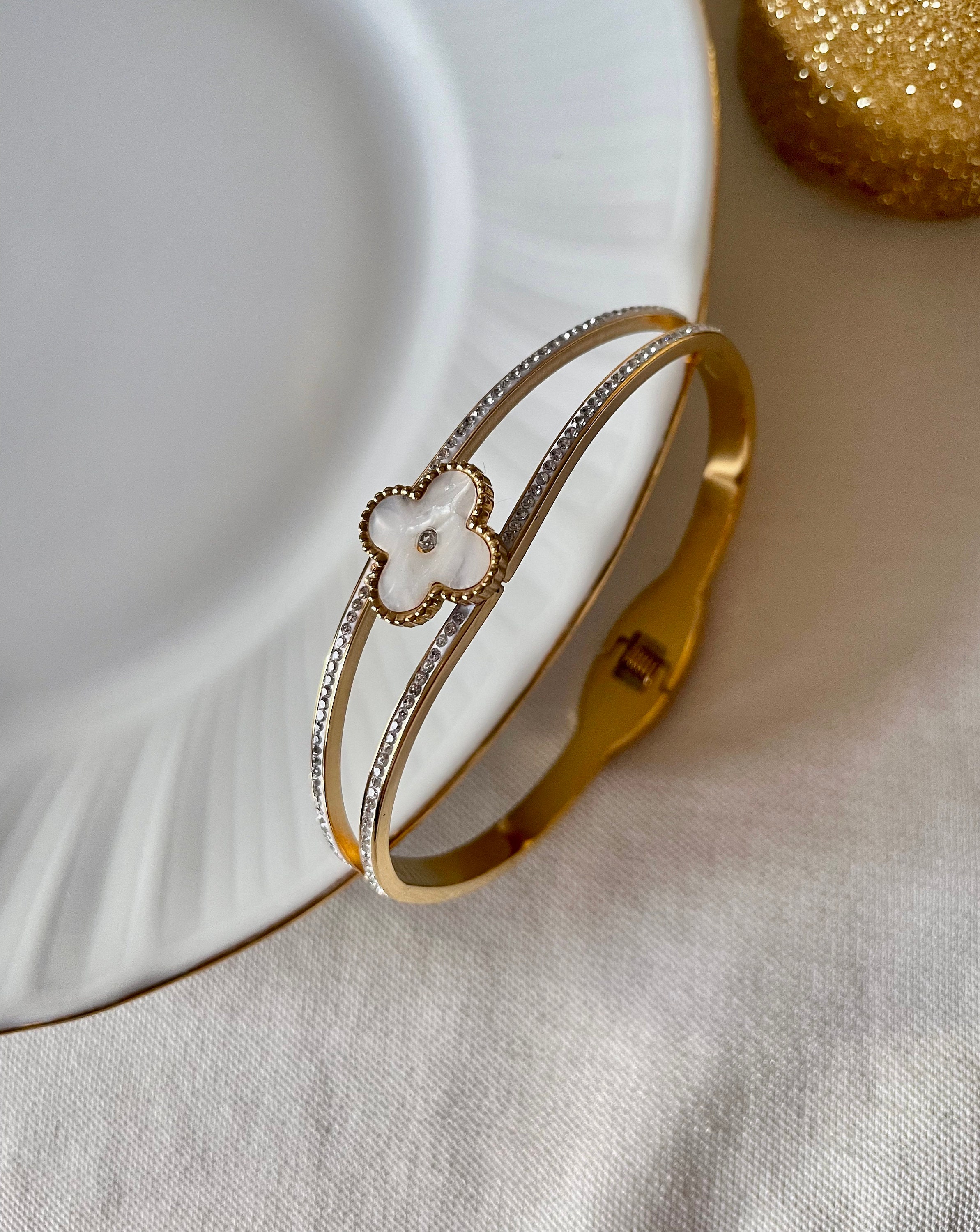 Gold Clover Bangle/ Clover Bracelet/bangle for Women/christmas Gift/white Clover Bangle/four ...