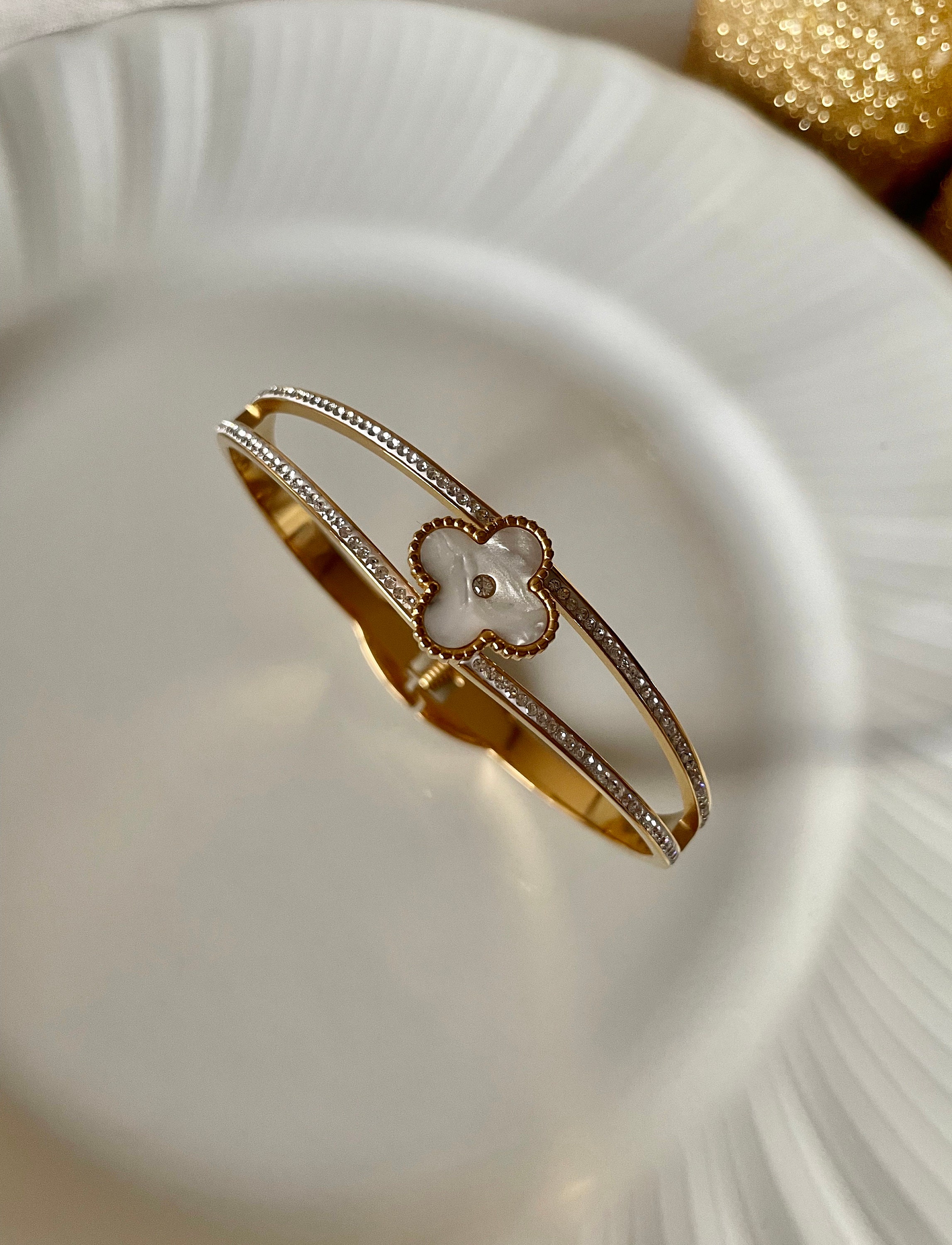 Gold Clover Bangle/ Clover Bracelet/bangle for Women/christmas Gift/white Clover Bangle/four ...