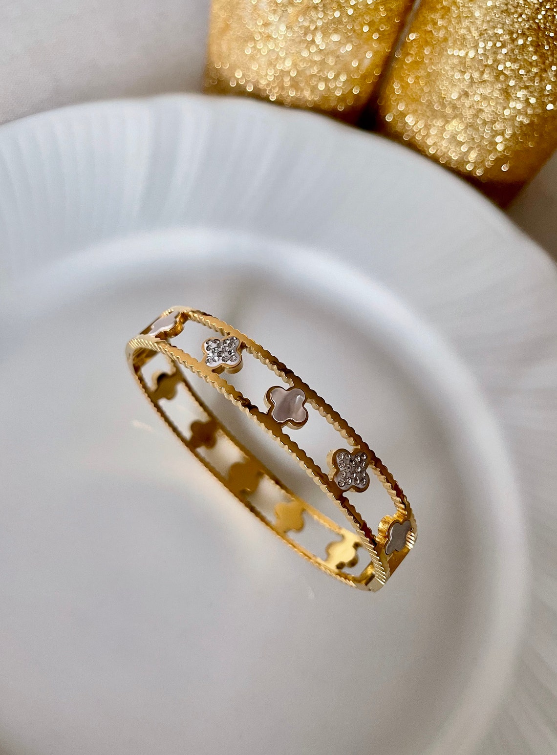 Gold Clover Bangle/ Clover Bracelet/bangle for Women/christmas Gift/white Clover Bangle/four ...