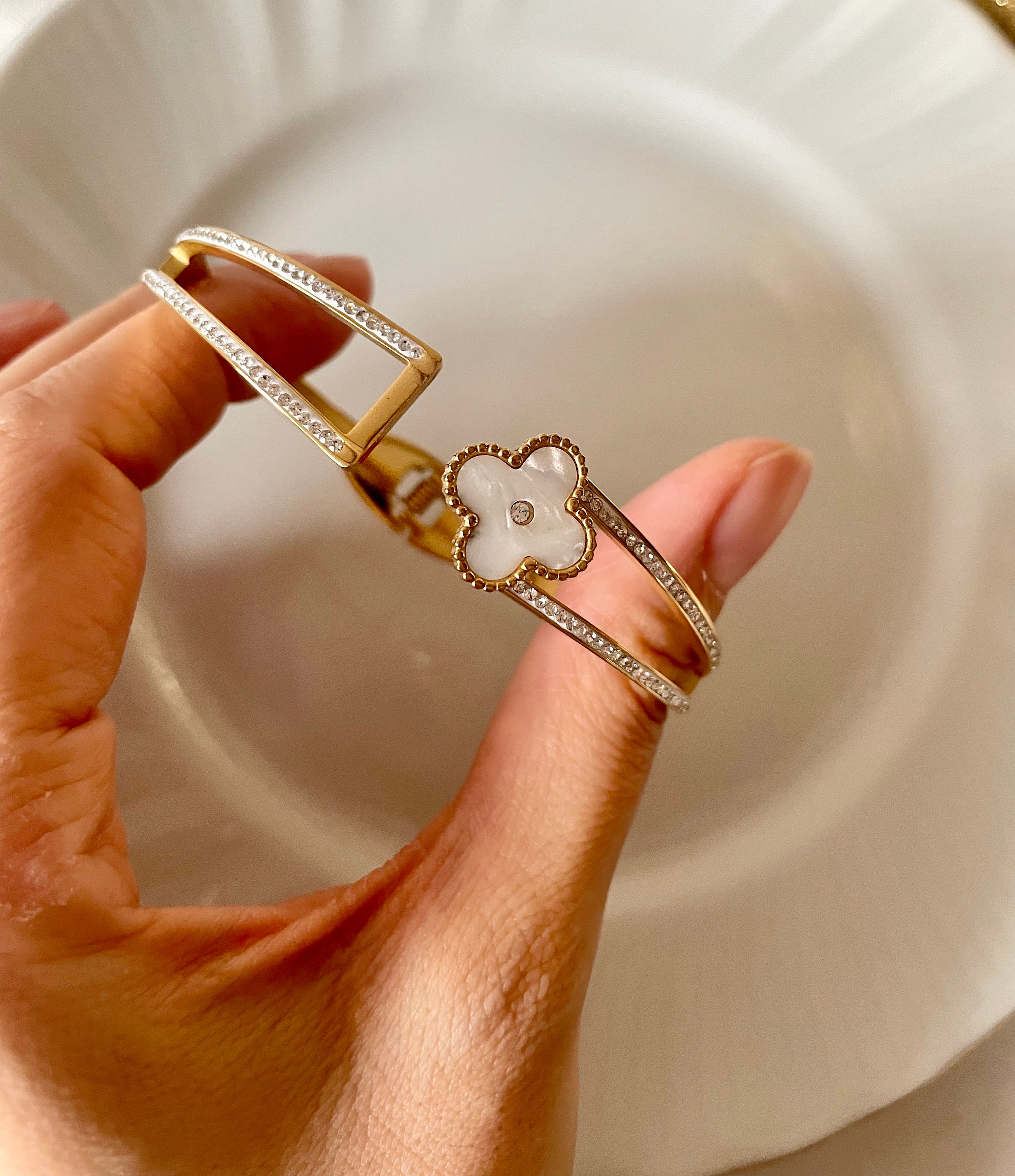 Gold Clover Bangle/ Clover Bracelet/bangle for Women/christmas Gift/white Clover Bangle/four ...