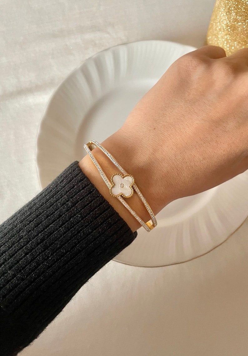 Gold Clover Bangle/ Clover Bracelet/bangle for Women/christmas Gift/white Clover Bangle/four ...
