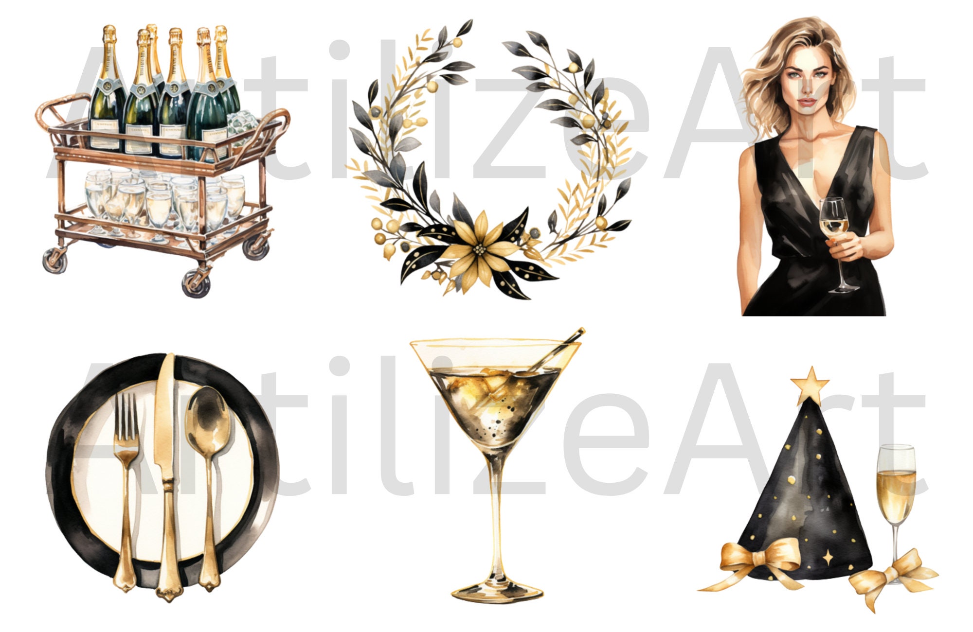 Watercolor New Years Clipart Bundle New Year Png Transparent Background ...