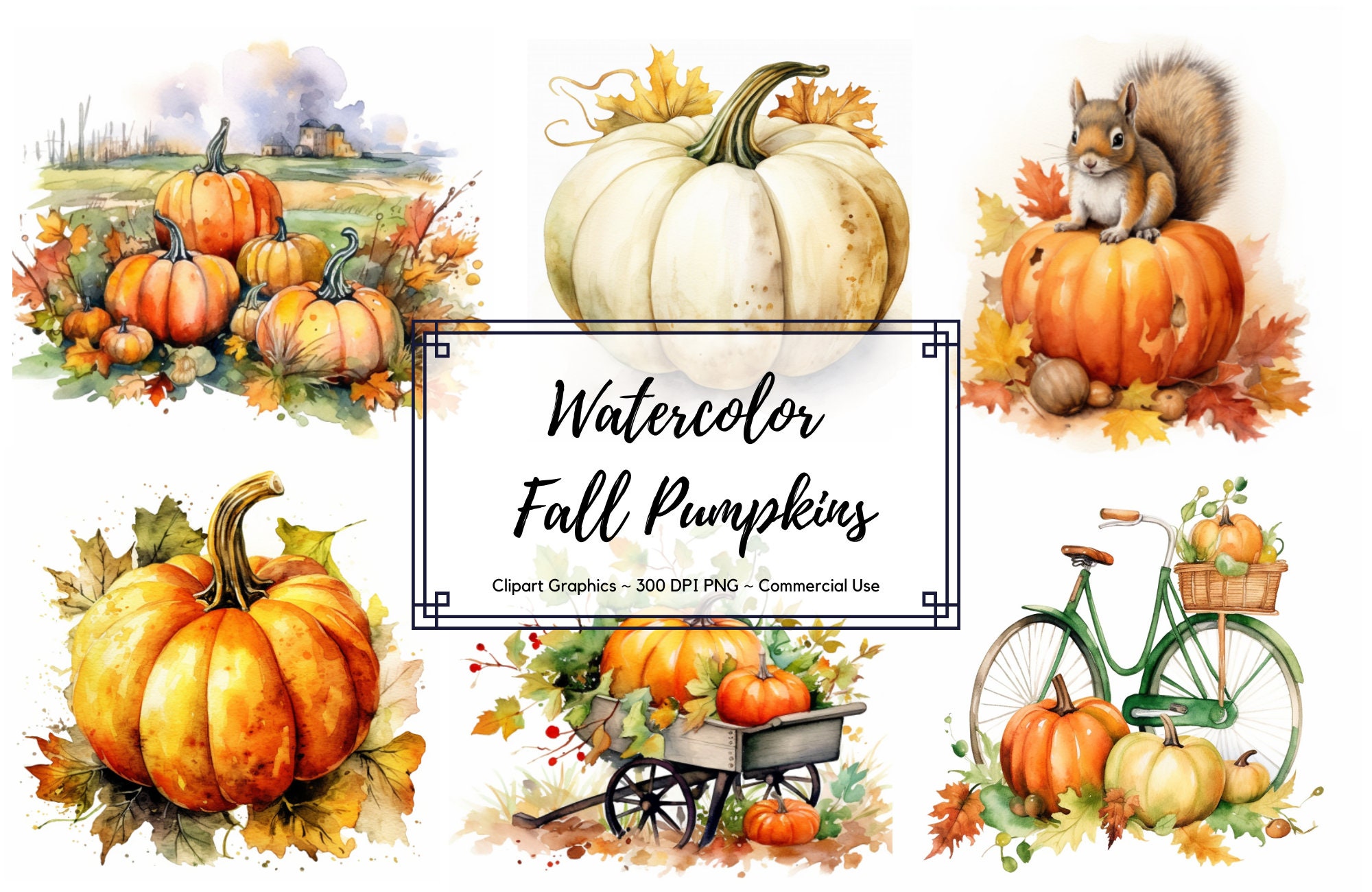 Watercolor Fall Pumpkins Clipart Autumn Watercolor PNG Format Instant ...
