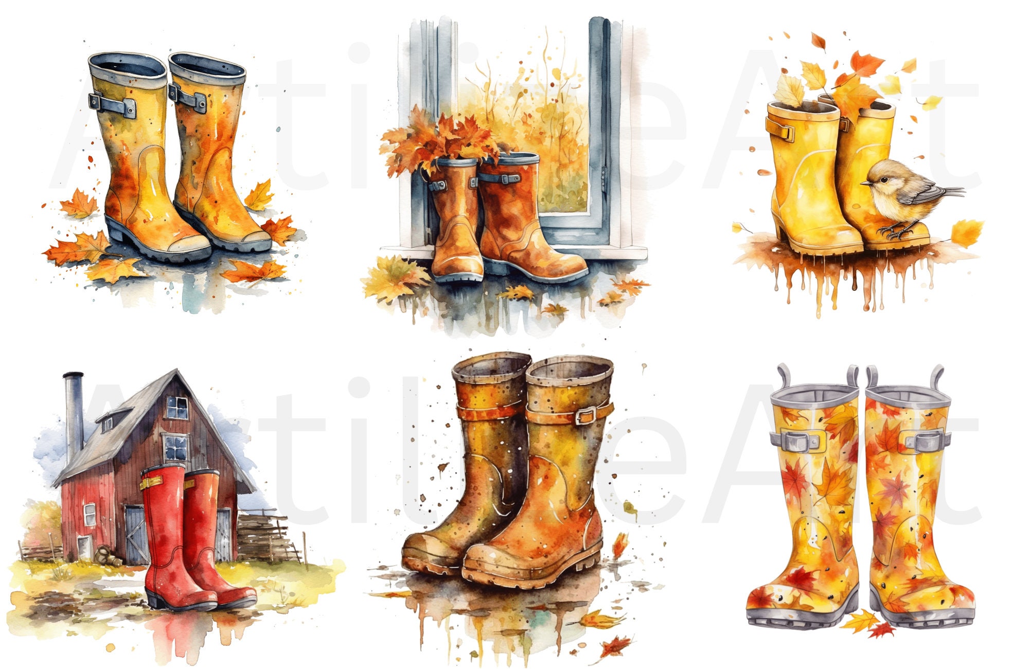 Watercolor Fall Rain Boots Clipart - Autumn Watercolor PNG Format ...