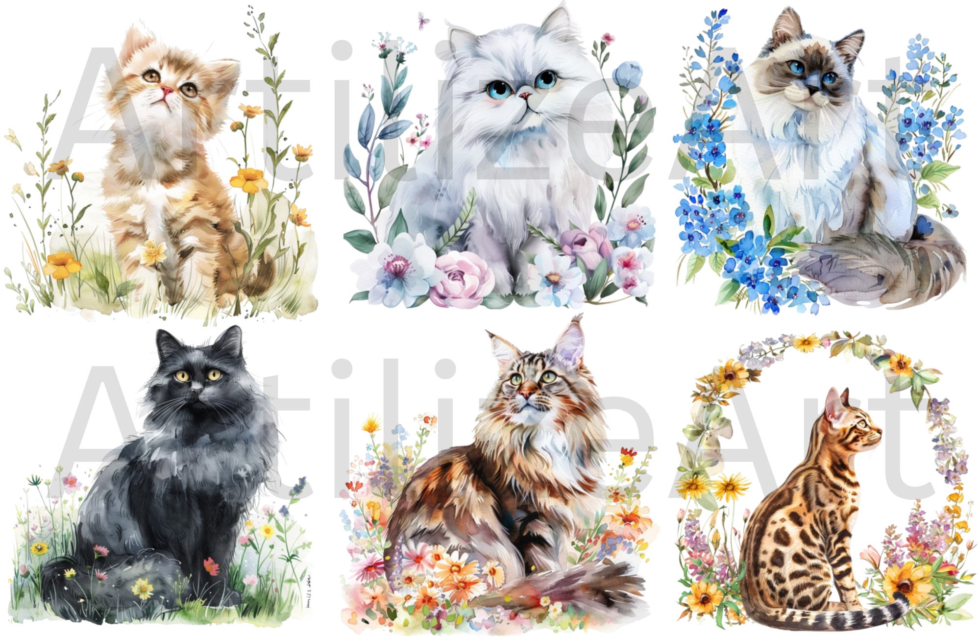 Watercolor Spring Cats Clipart Bundle - Cats Spring Png - Instant ...
