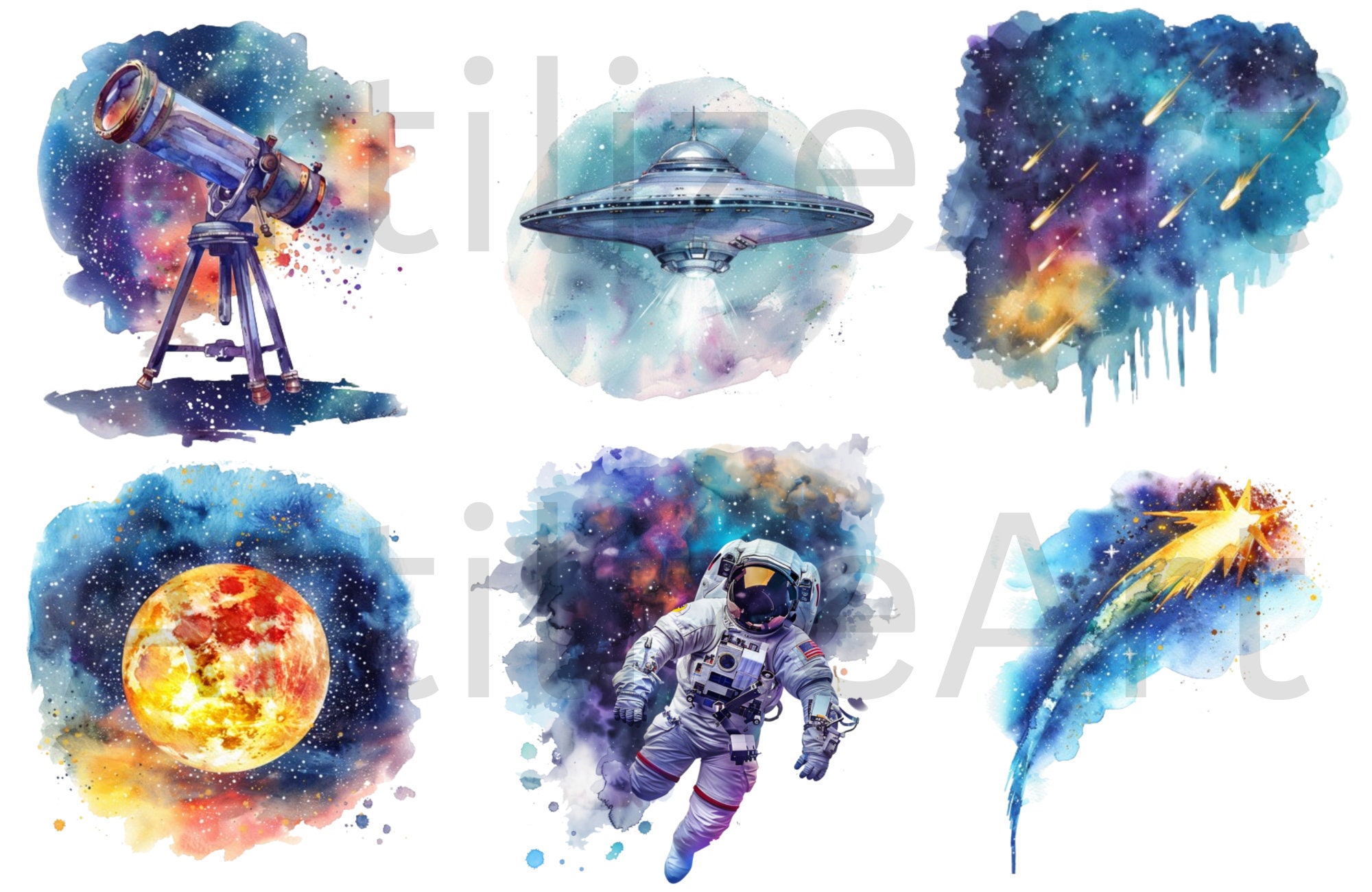 Watercolor Space Clipart Bundle - Space Transparent Pngs - Junk Journal ...