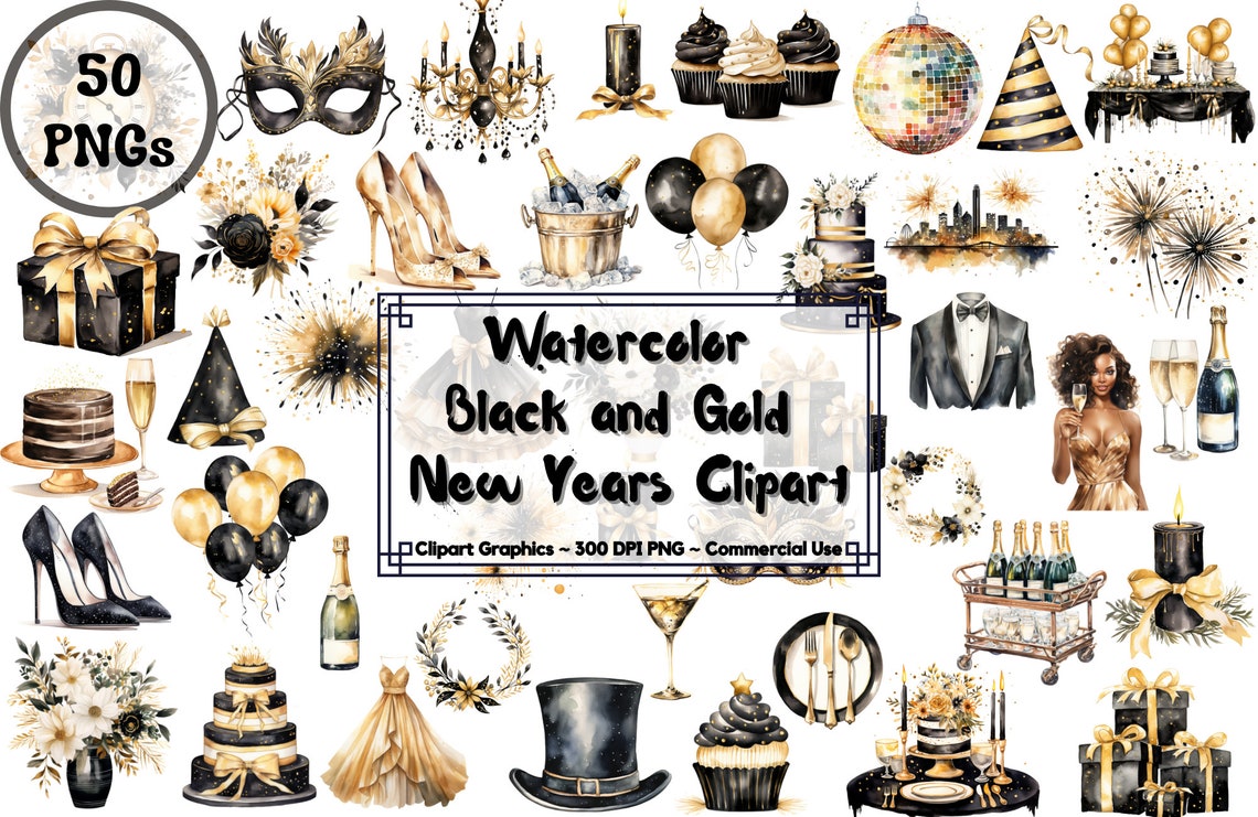 Watercolor New Years Clipart Bundle New Year Png Transparent Background ...
