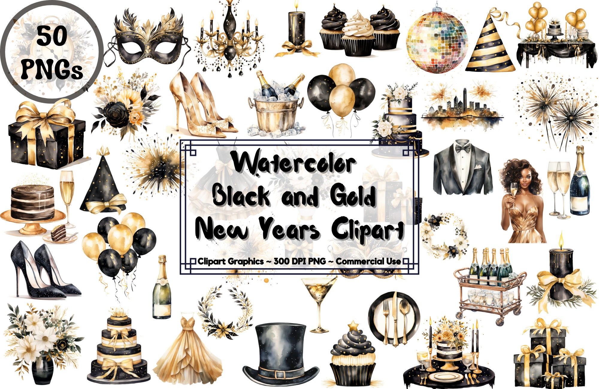 Watercolor New Years Clipart Bundle New Year Png Transparent Background ...