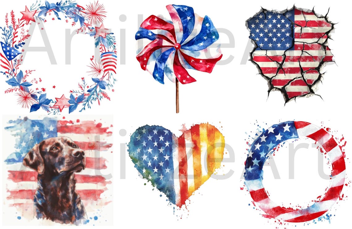 Watercolor Patriotic Clipart Bundle - America Watercolor PNG Format ...