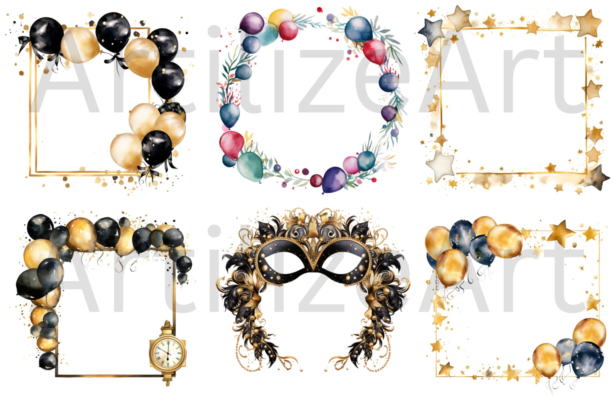 25 Watercolor New Years Frames Clipart Bundle - New Years Watercolor ...