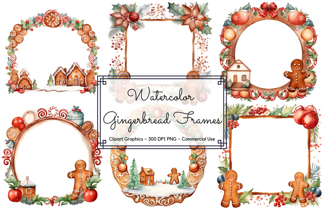 Watercolor Christmas Gingerbread Frames Clipart Bundle - Christmas PNG ...