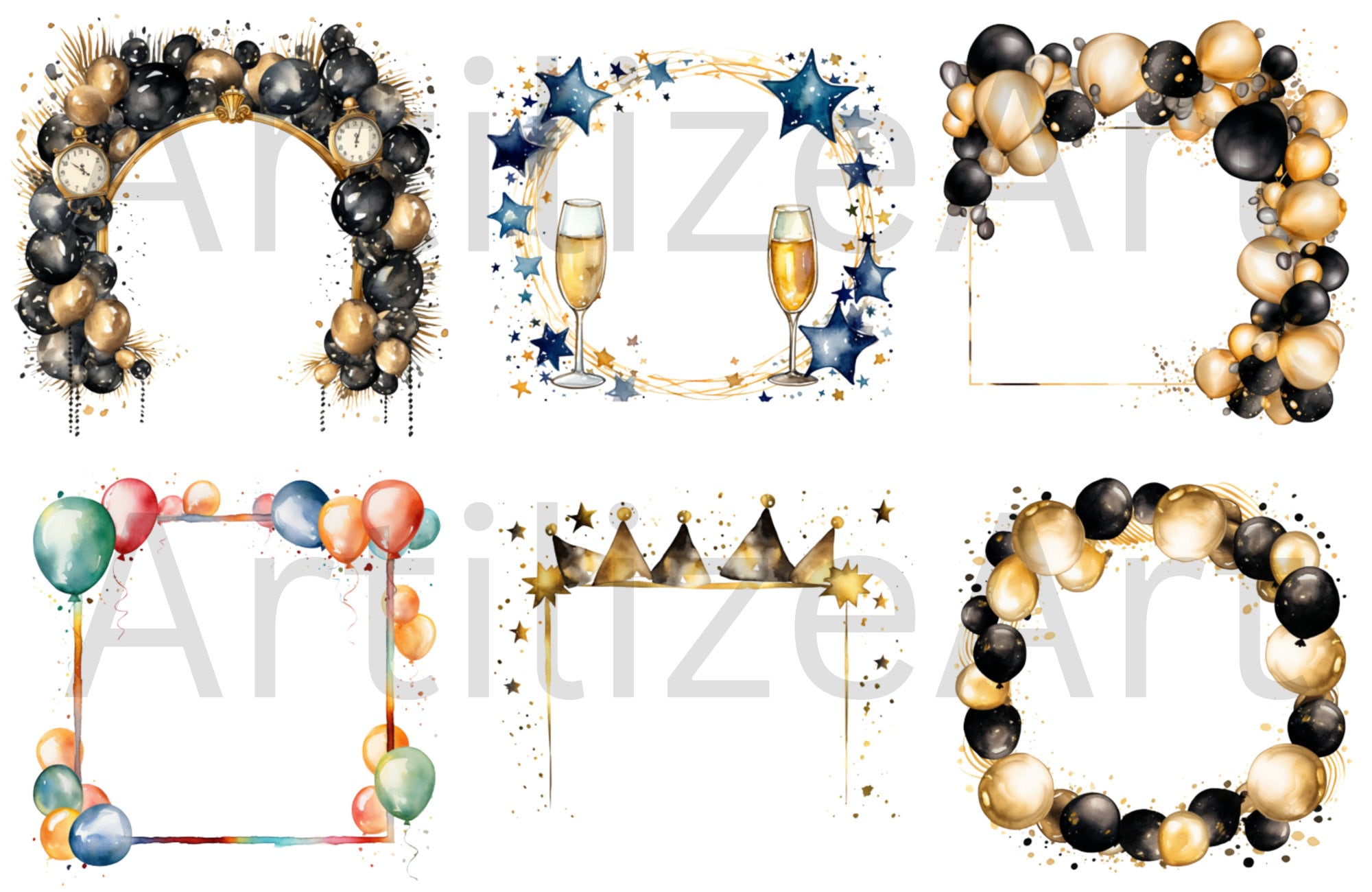 25 Watercolor New Years Frames Clipart Bundle - New Years Watercolor ...