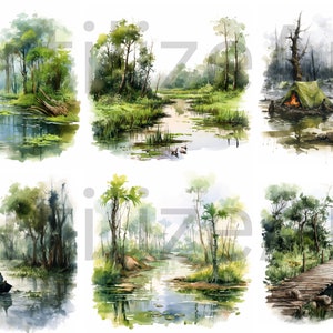 Watercolor Swamp Landscapes Clipart - 50 Images - Watercolor PNG Format ...