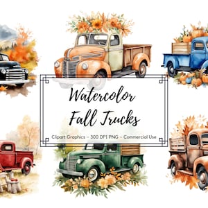 Watercolor Fall Trucks Clipart - Vintage Trucks Autumn Clipart - PNG ...
