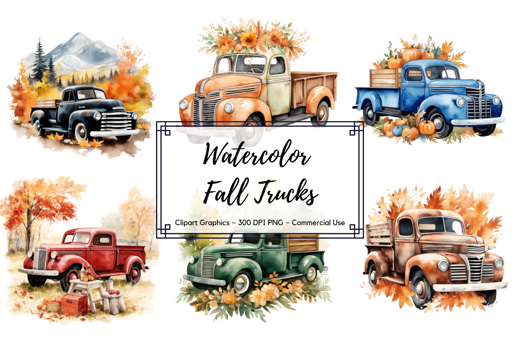 Watercolor Fall Trucks Clipart - Vintage Trucks Autumn Clipart - PNG ...