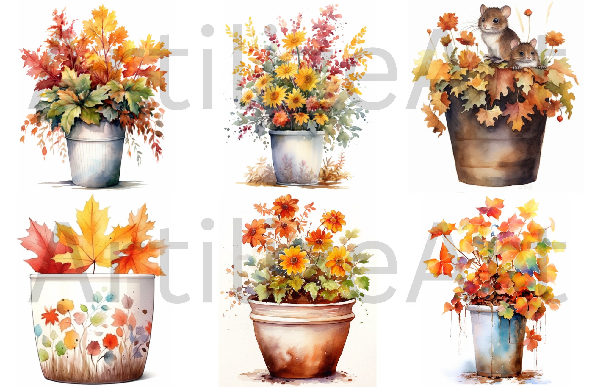 Watercolor Fall Flower Pots Clipart - Autumn Png - Instant Download ...
