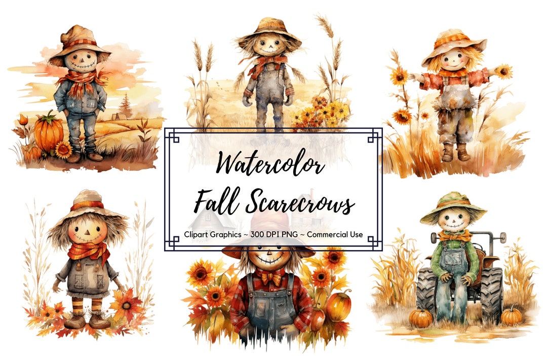 Watercolor Fall Scarecrow Clipart Bundle - Autumn Clipart - PNG Format ...