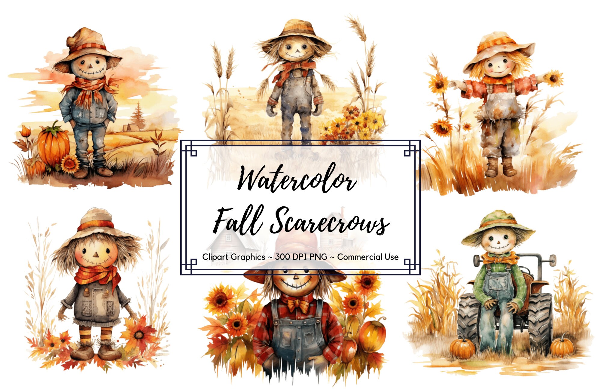 Watercolor Fall Scarecrow Clipart Bundle - Autumn Clipart - PNG Format ...