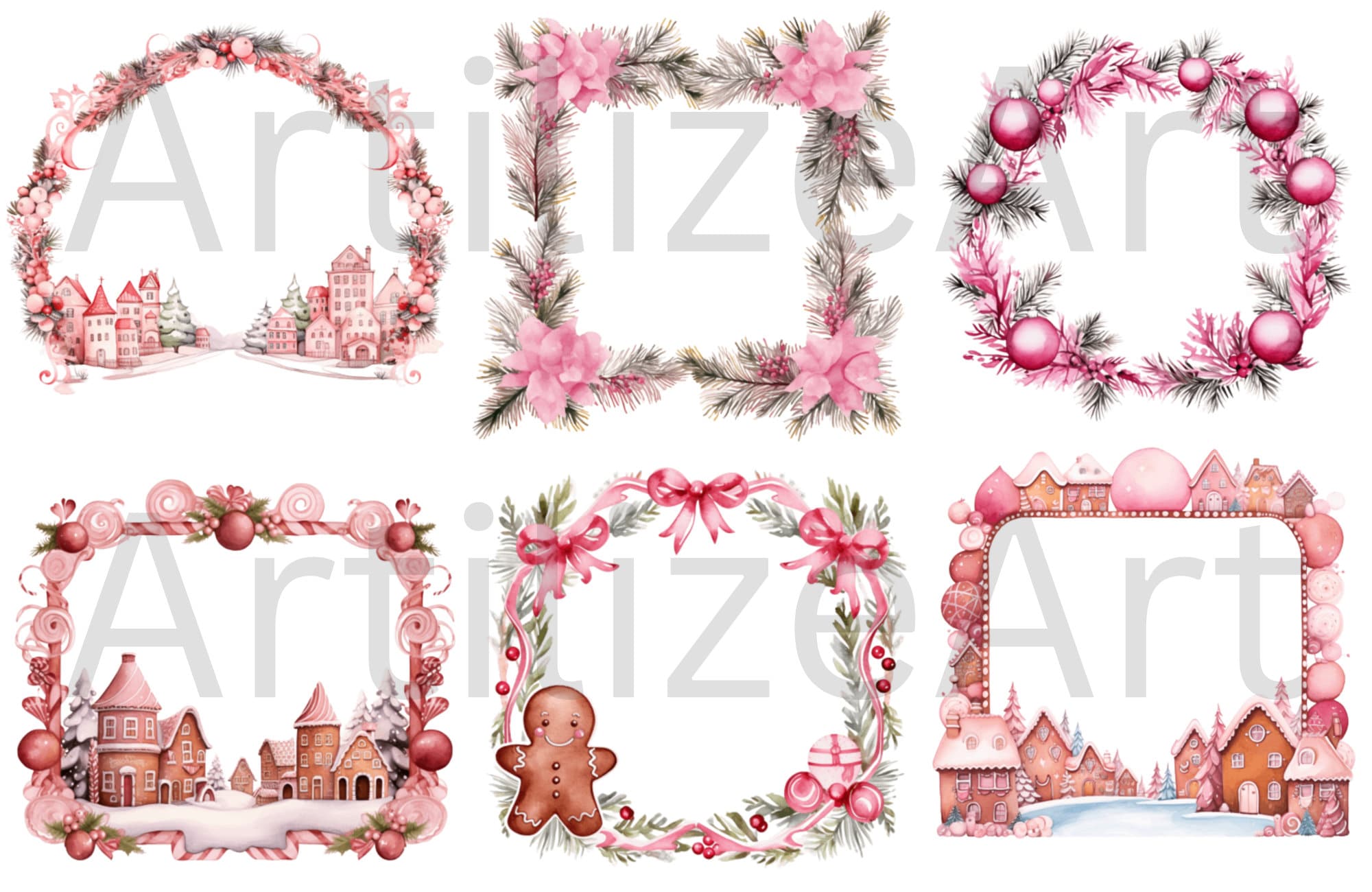 Watercolor Pink Christmas Frames Clipart Bundle - Christmas Pink PNG ...