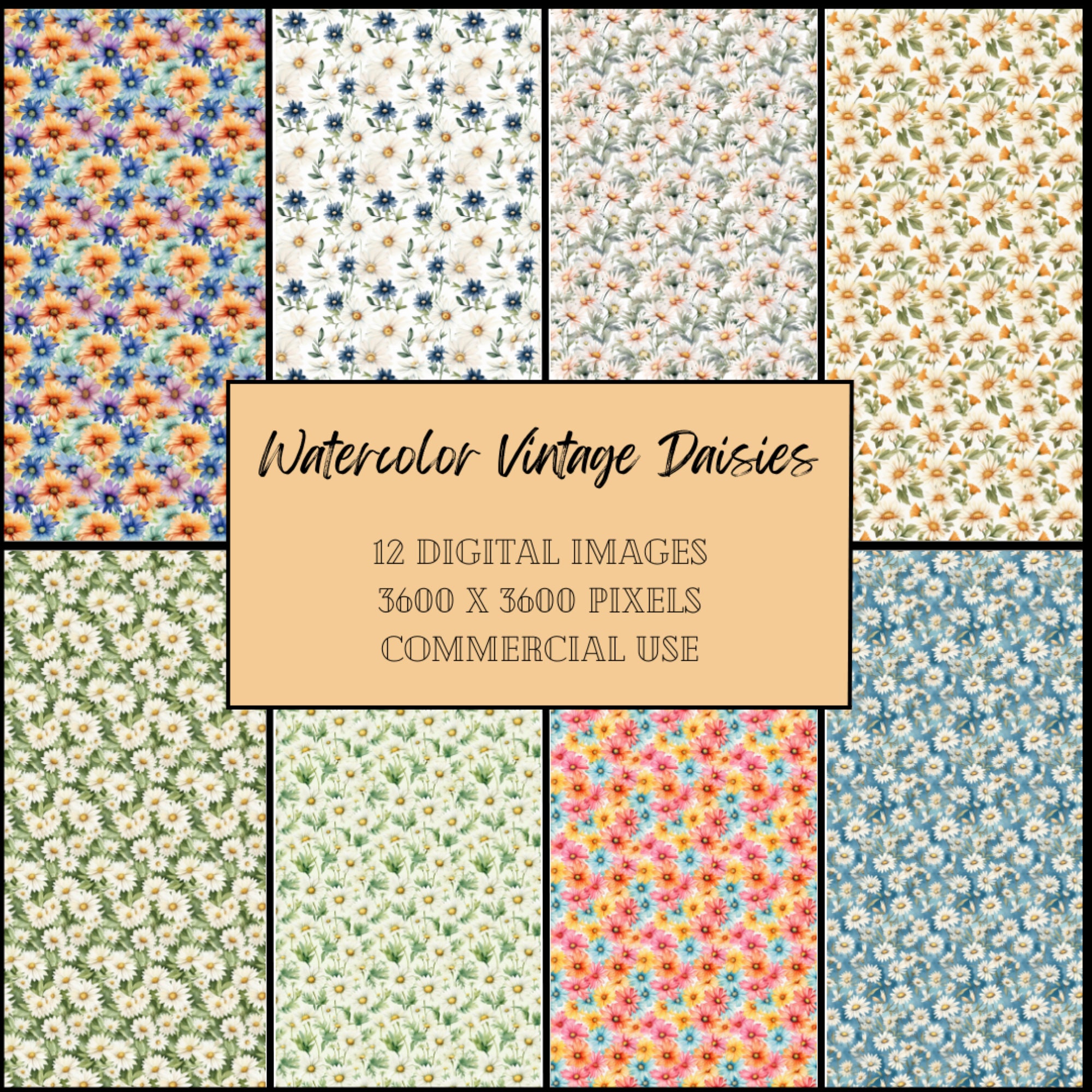 Watercolor Vintage Daisies Digital Paper - Digital Background ...