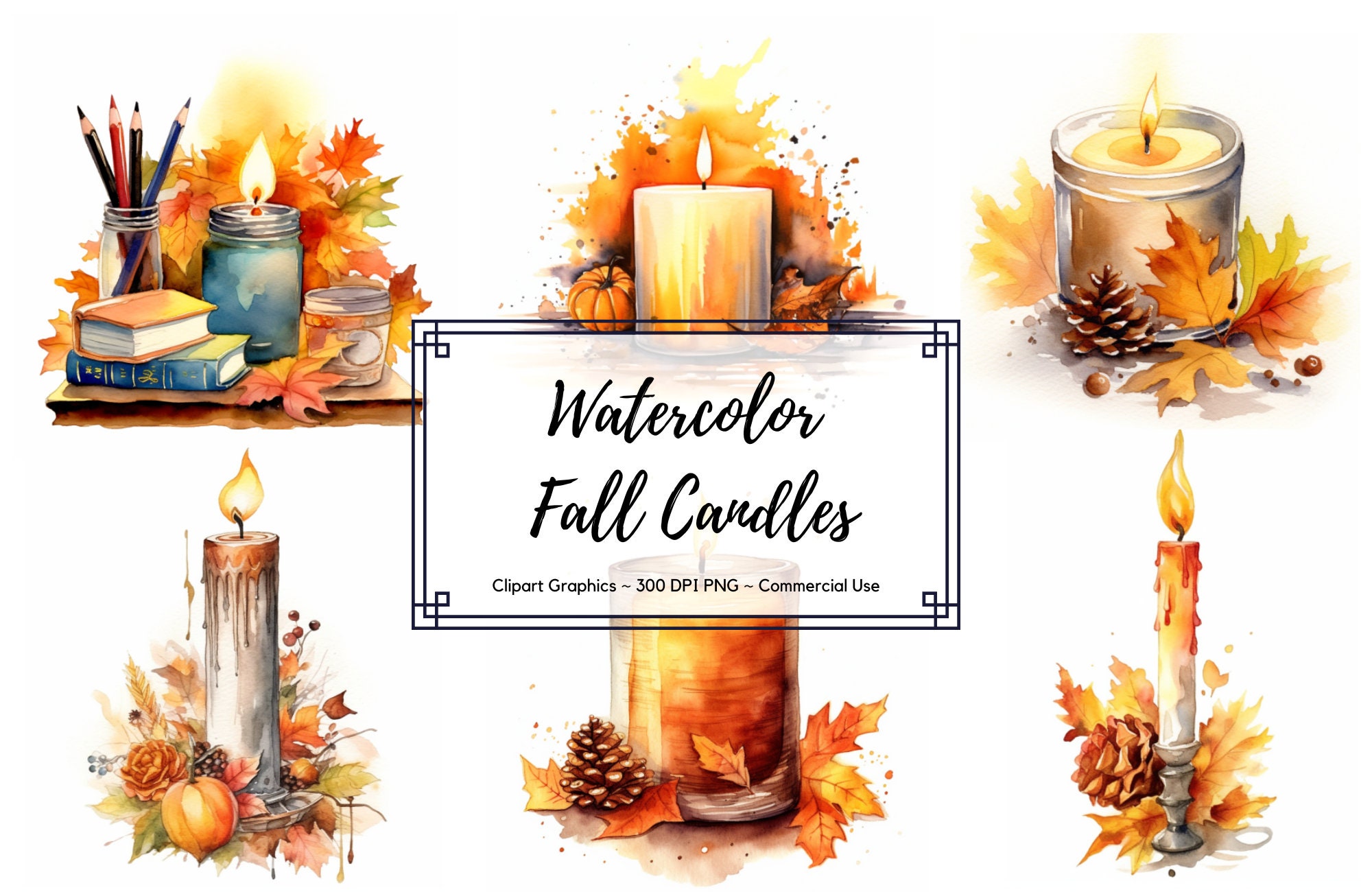 Watercolor Fall Candles Clipart - Autumn Watercolor PNG Format Instant ...