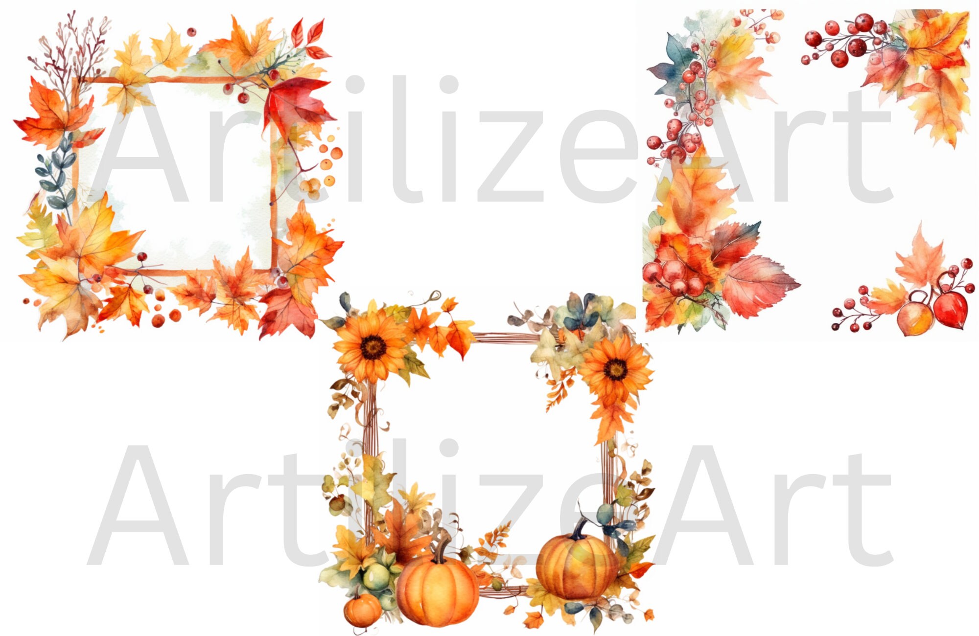 Watercolor Fall Frames Clipart Autumn Png Instant Download - Etsy