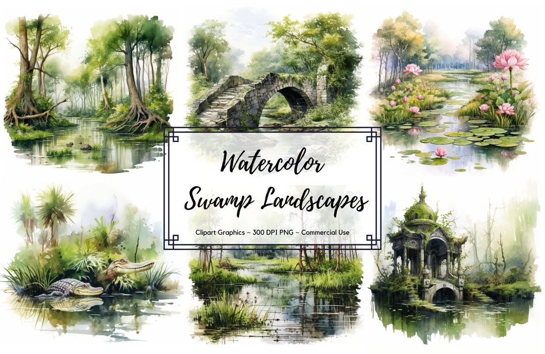 Watercolor Swamp Landscapes Clipart - 50 Images - Watercolor PNG Format ...