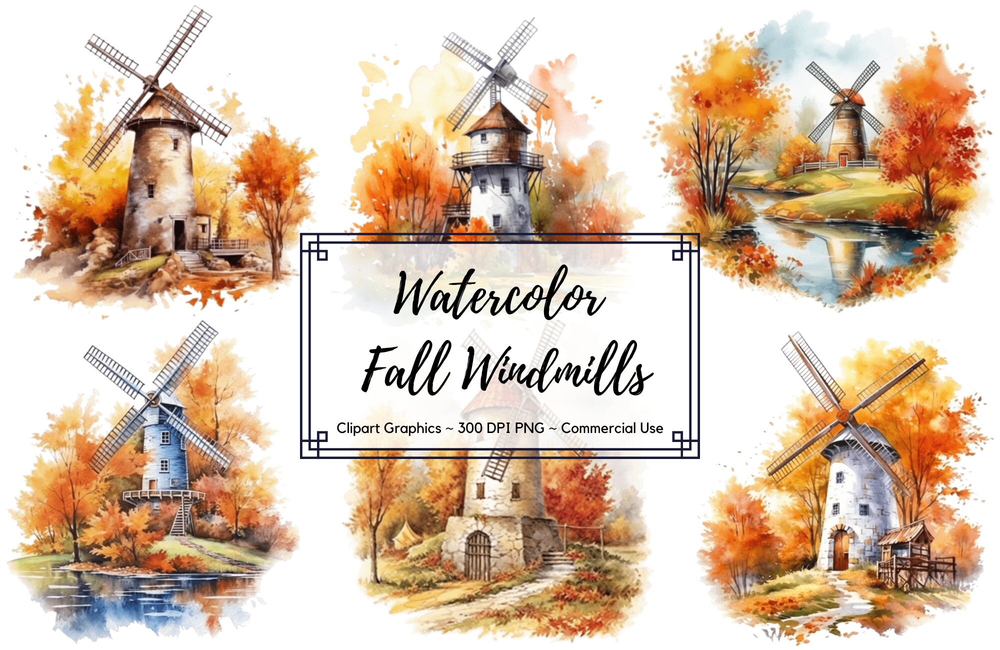 Watercolor Fall Windmills Clipart Autumn Png Bundle Instant Download ...