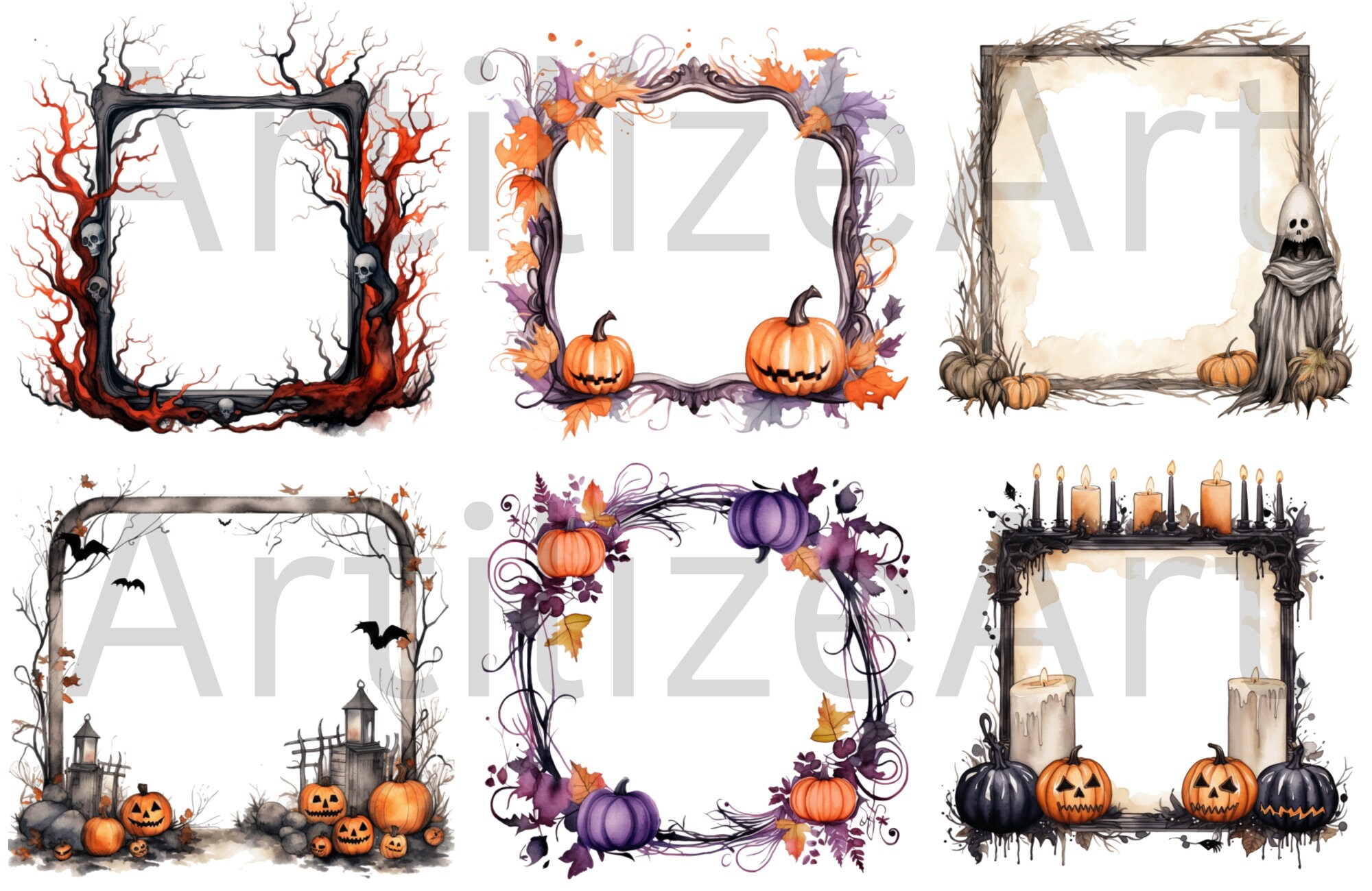 Watercolor Halloween Frames Clipart - Halloween Watercolor PNG Format ...