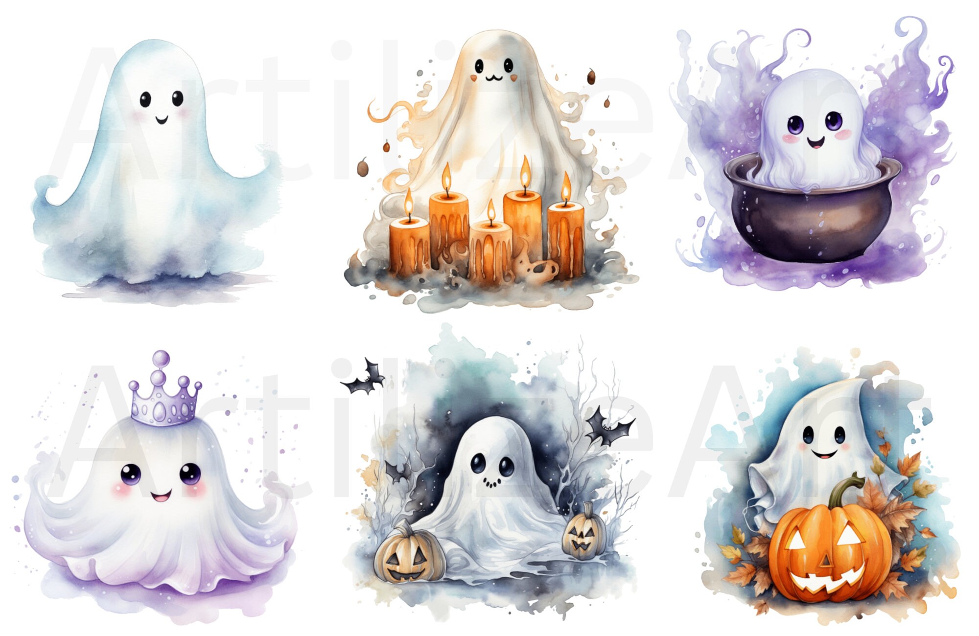 Cute Ghost Clipart, Watercolor Halloween Png, Halloween Clipart Bundle ...
