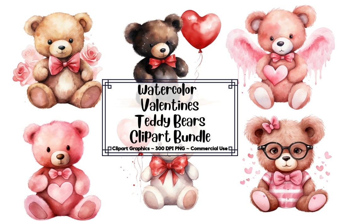 Watercolor Valentines Day Teddy Bears Clipart Bundle - Valentines Png ...