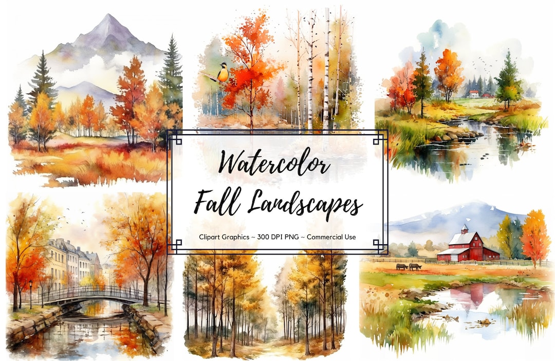 Watercolor Fall Landscapes Clipart - Autumn Watercolor PNG Format ...