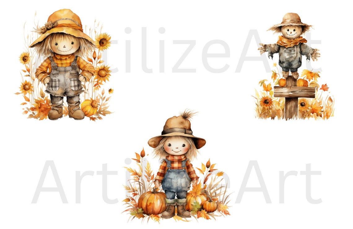 Watercolor Fall Scarecrow Clipart Bundle - Autumn Clipart - PNG Format ...