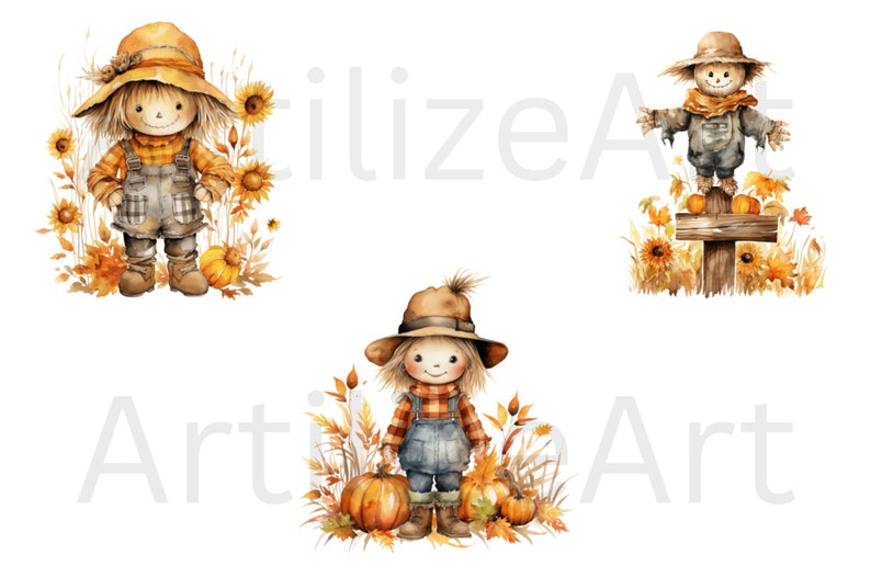 Watercolor Fall Scarecrow Clipart Bundle - Autumn Clipart - PNG Format ...