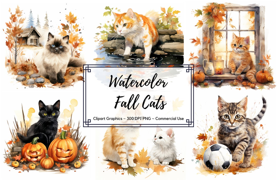 Watercolor Fall Cats Clipart - Autumn Watercolor - 25 Pngs - PNG Format ...
