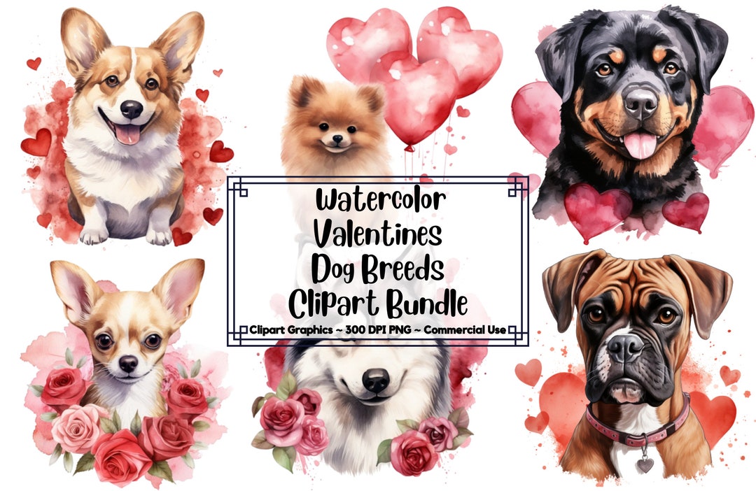 Watercolor Valentines Day Dog Breeds Clipart Bundle - Valentines Png ...