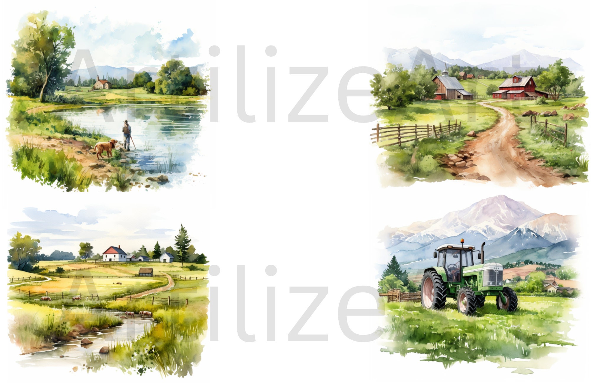 Watercolor Farm Landscapes Clipart - Farm Clipart Bundle - Instant ...