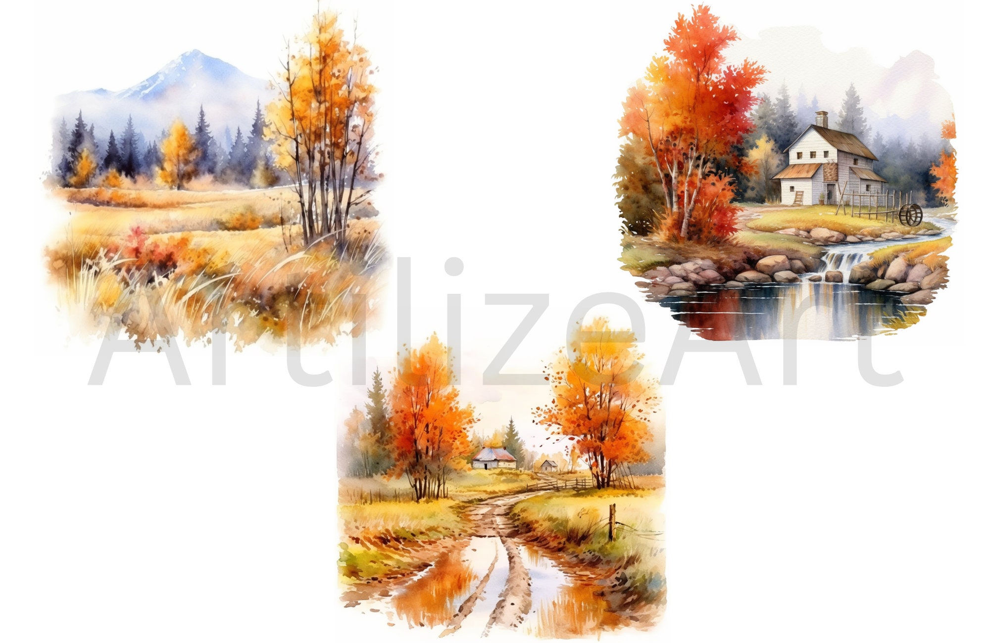 Watercolor Fall Landscapes Clipart - Autumn Watercolor PNG Format ...