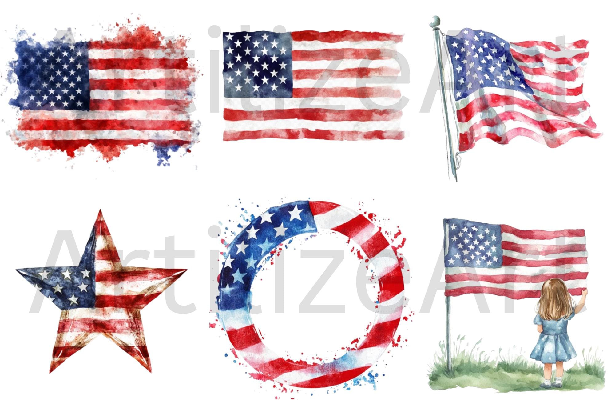 Watercolor Patriotic Clipart Bundle - America Watercolor PNG Format ...