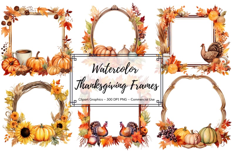 Watercolor Thanksgiving Frames Clipart - Thanksgiving Png Bundle ...
