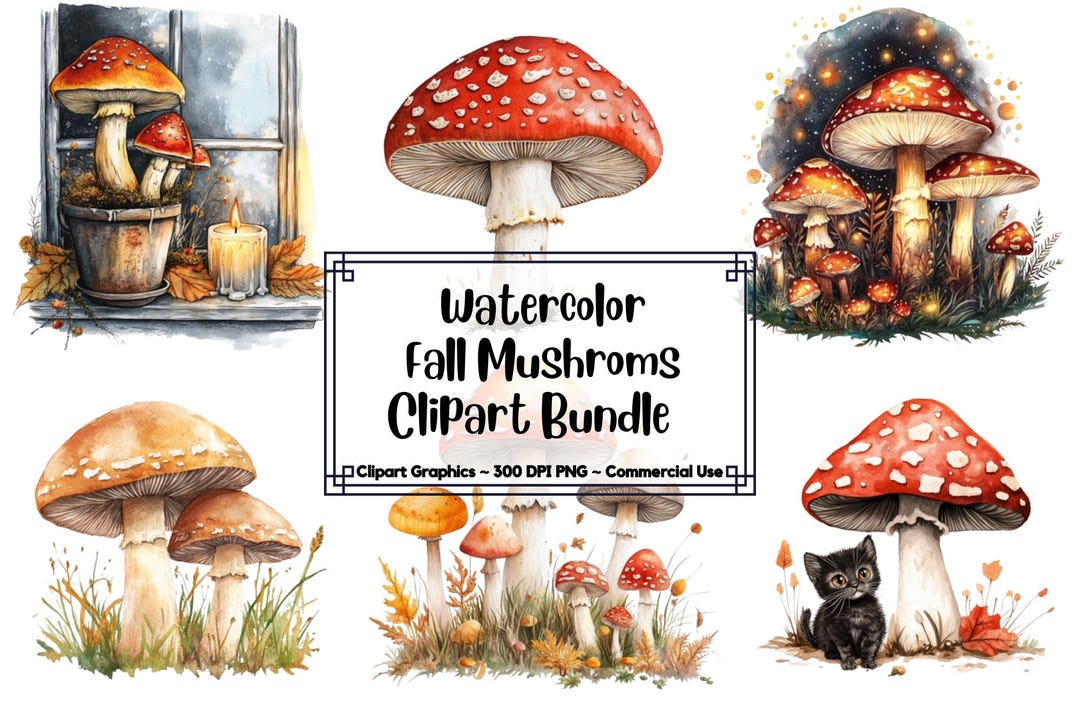 Watercolor Fall Mushrooms Clipart - Fall Watercolor PNG Format Instant ...