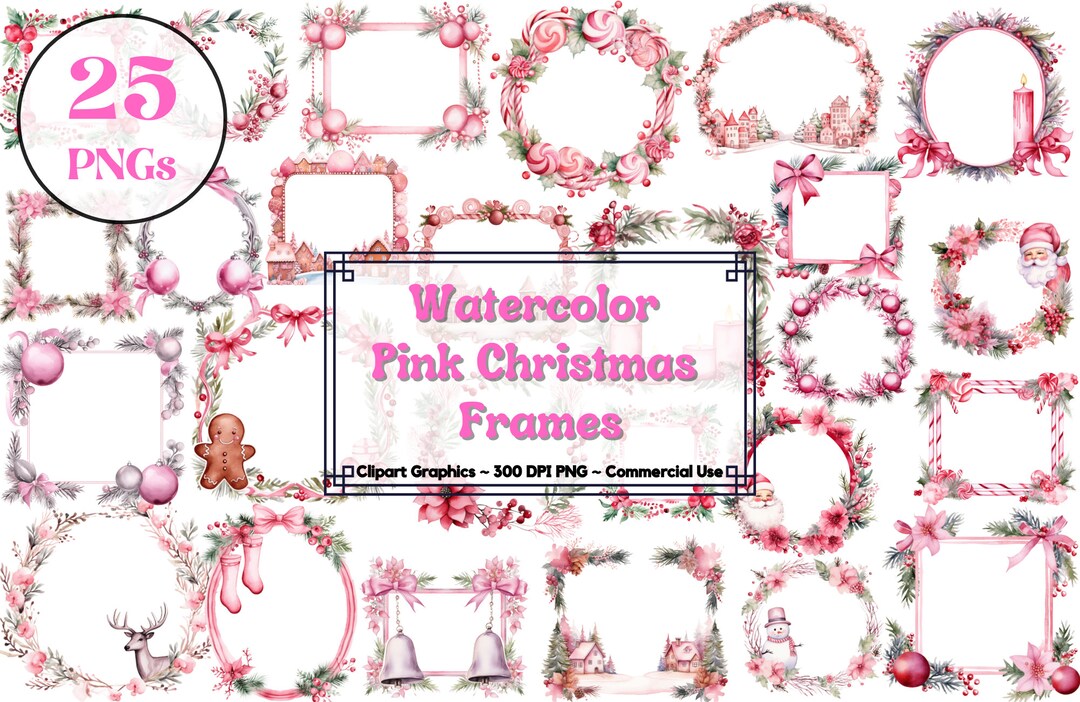 Watercolor Pink Christmas Frames Clipart Bundle - Christmas Pink PNG ...