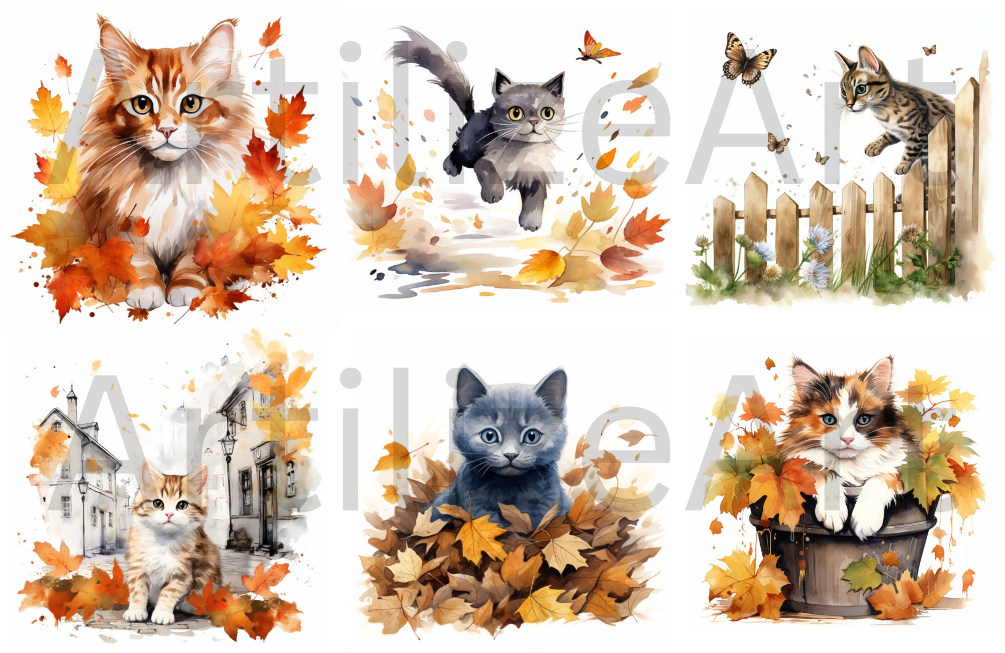 Watercolor Fall Cats Clipart Autumn Watercolor 25 Pngs PNG Format ...