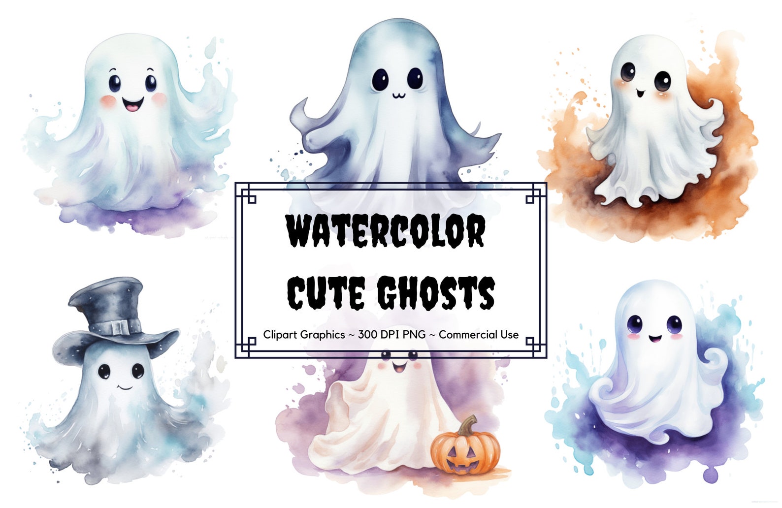 Cute Ghost Clipart, Watercolor Halloween Png, Halloween Clipart Bundle ...