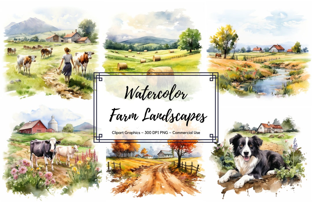 Watercolor Farm Landscapes Clipart - Farm Clipart Bundle - Instant ...