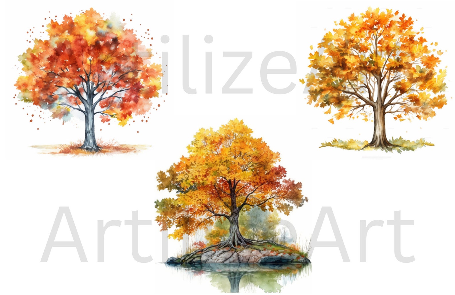 Watercolor Fall Maple Trees Clipart - Autumn Watercolor PNG Format ...