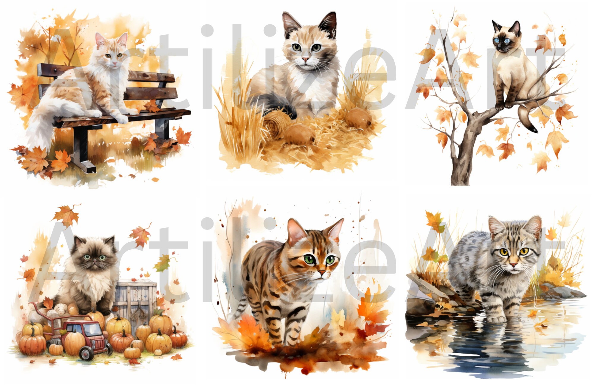 Watercolor Fall Cats Clipart - Autumn Watercolor - 25 Pngs - PNG Format ...